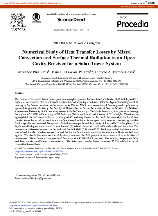 (PDF) Numerical Study of Heat Transfer Losses by Mixed Convection and ...