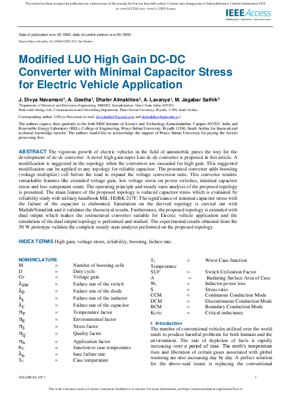 (PDF) Modified LUO High Gain DC-DC Converter with Minimal Capacitor Stress for Electric Vehicle ...