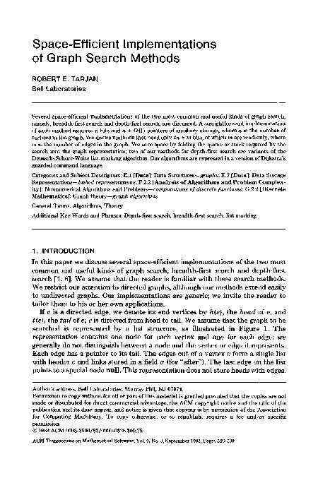Pdf Space Efficient Implementations Of Graph Search Methods Robert Tarjan