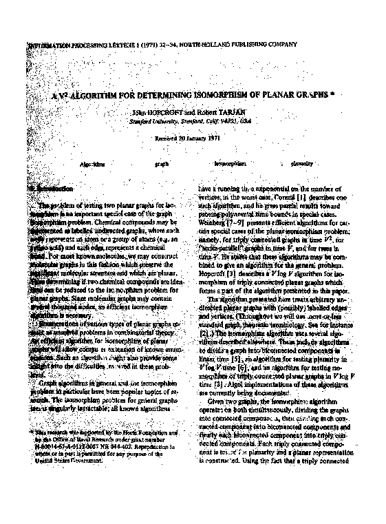 Pdf A V2 Algorithm For Determining Isomorphism Of Planar Graphs Robert Tarjan