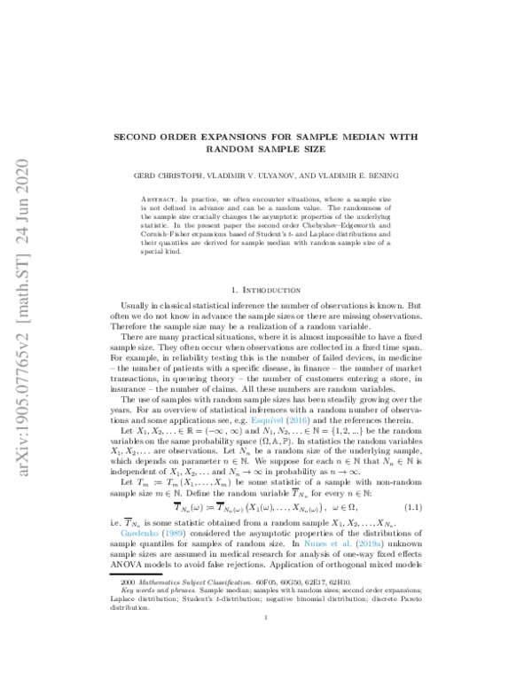 Pdf Second Order Expansions For Sample Median With Random Sample Size