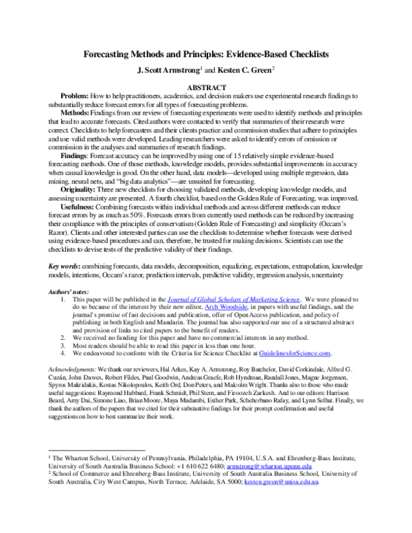 Pdf Forecasting Methods And Principles Evidence Based Checklists Kesten Green