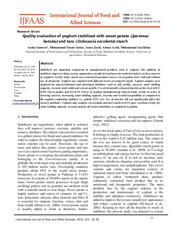 (PDF) Quality evaluation of yoghurt stabilized with sweet potato (Ipomoea batatas) and taro ...