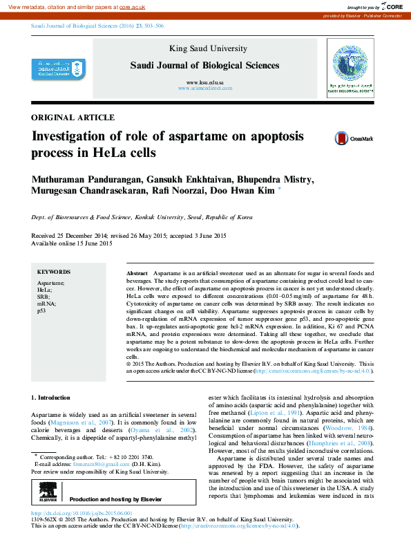 (PDF) Investigation of role of aspartame on apoptosis process in HeLa ...