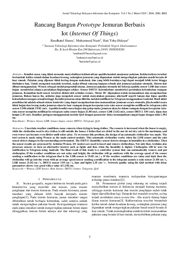 Pdf Rancang Bangun Prototype Jemuran Berbasis Iot Internet Of Things