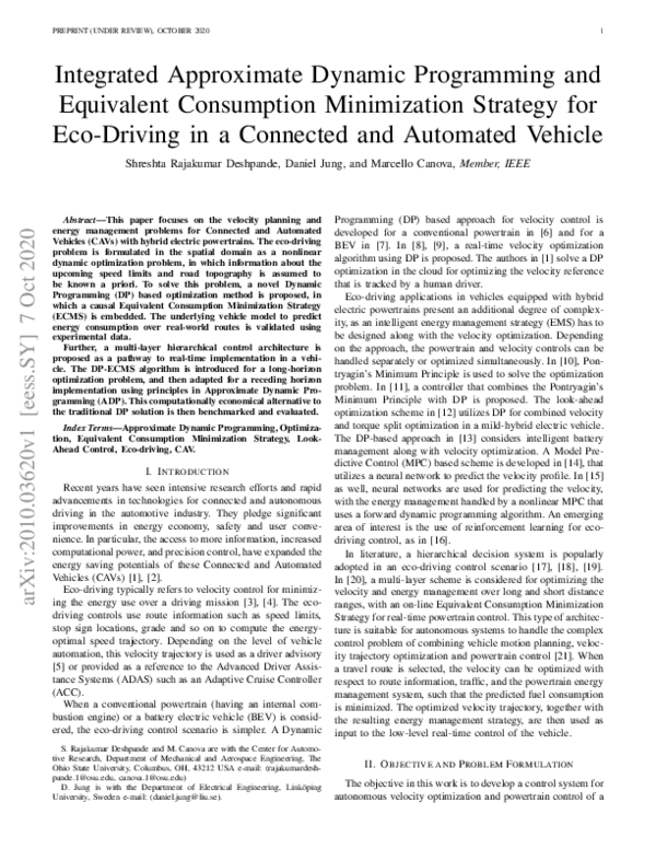 Pdf Integrated Approximate Dynamic Programming And Equivalent Consumption Minimization