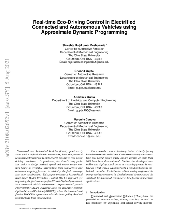Pdf Real Time Ecodriving Control In Electrified Connected And Autonomous Vehicles Using