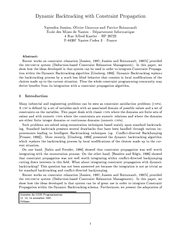 Pdf Dynamic Backtracking With Constraint Propagation Application To Static And Dynamic Csps