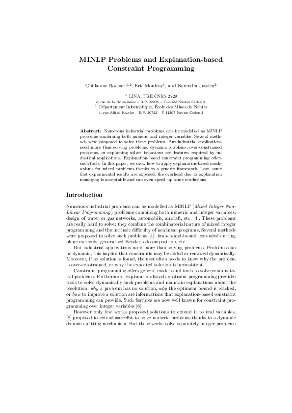 (PDF) MINLP Problems and Explanation-based Constraint Programming