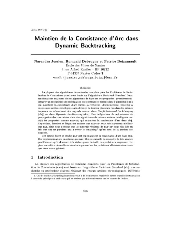 (PDF) Maintien de la Consistance d'Arc dans Dynamic Backtracking
