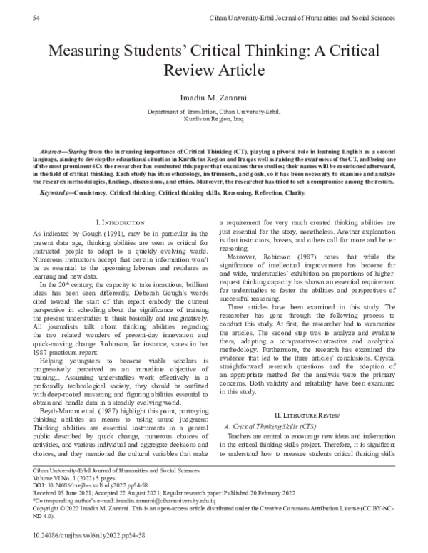 (PDF) Measuring Students' Critical Thinking (PDF) Measuring Students' Critical Thinking