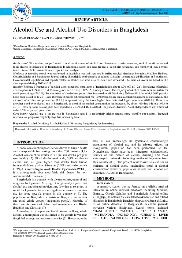(PDF) Alcohol Use and Alcohol Use Disorders in Bangladesh