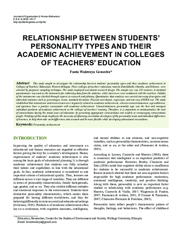 (PDF) Relationship between Students Personality Types and their Academic Achievement in Colleges ...