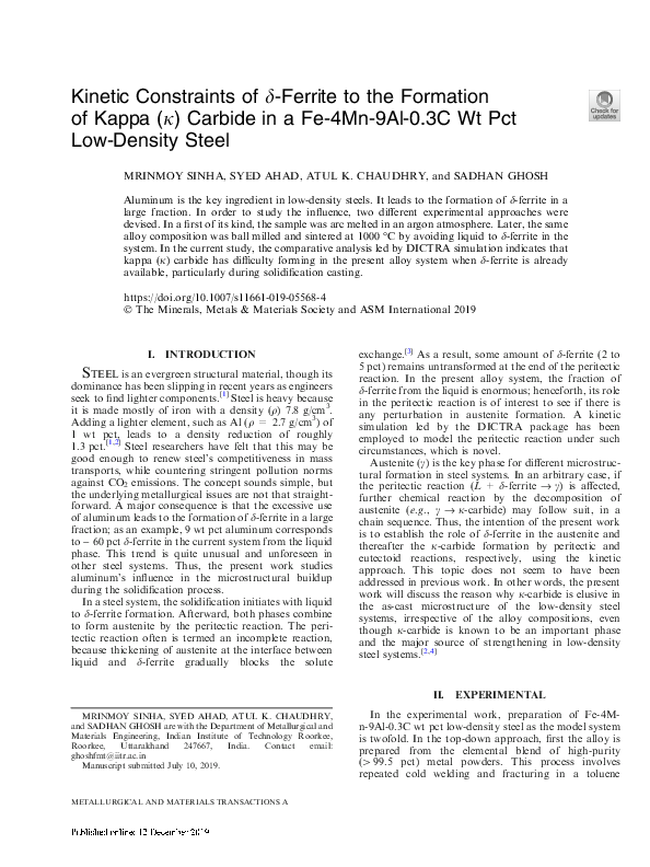 (PDF) Kinetic Constraints of δ-Ferrite to the Formation of Kappa (κ ...