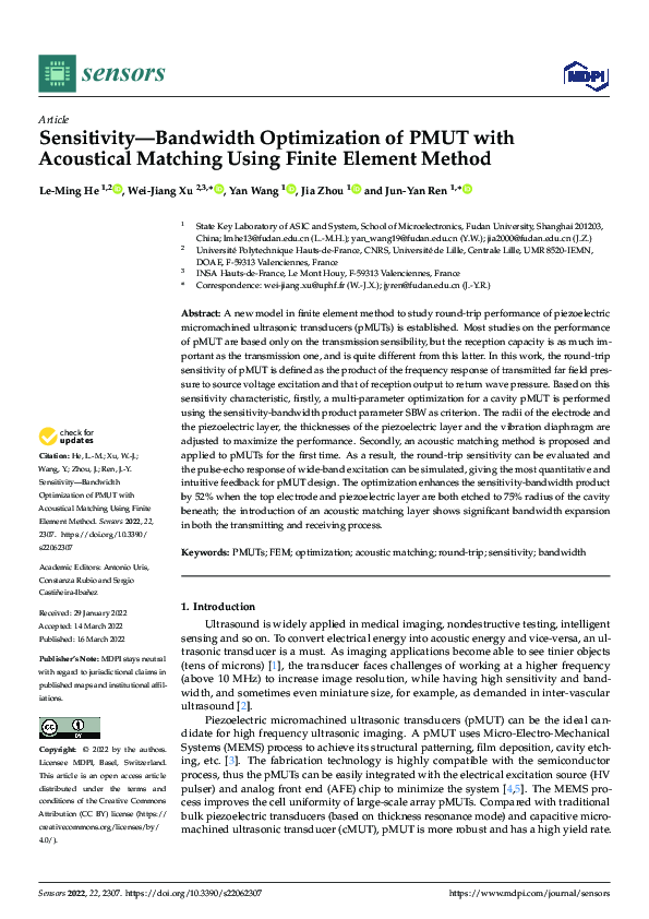 (PDF) Sensitivity—Bandwidth Optimization of PMUT with Acoustical Matching Using Finite Element ...