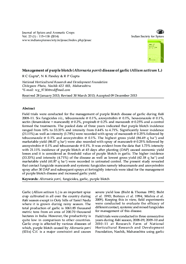(PDF) Management of purple blotch ( Alternaria porri ) disease of ...