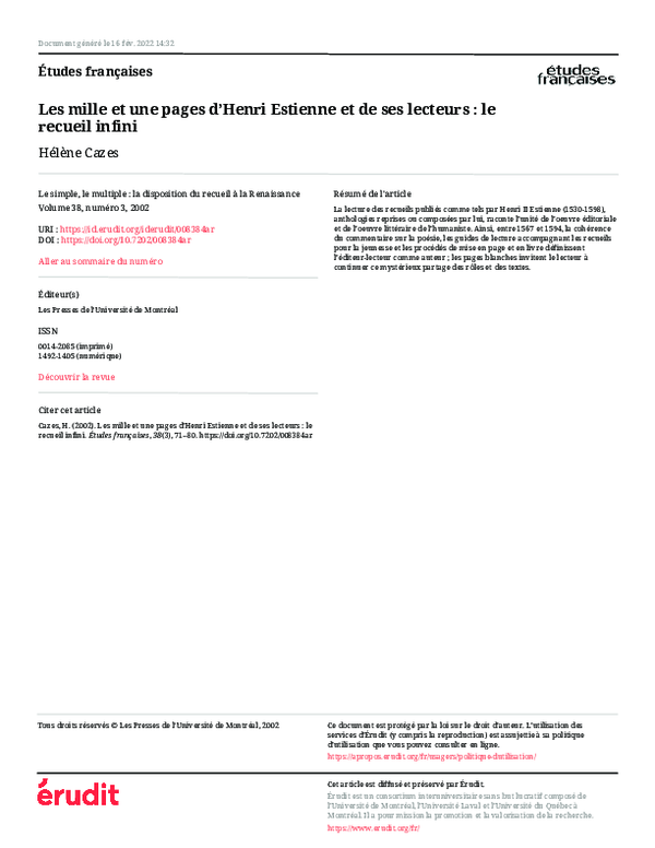 (PDF) Les mille et une pages d’Henri Estienne et de ses lecteurs : le ...