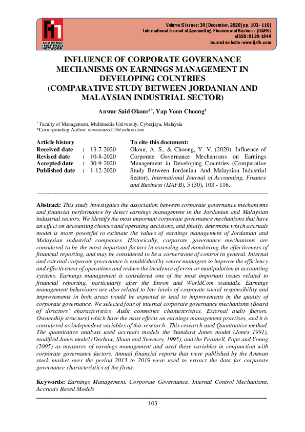(PDF) Influence of Corporate Governance Mechanisms on Earnings Management in Developing ...