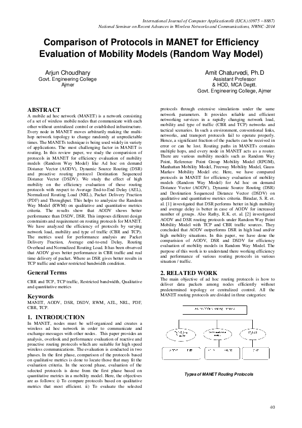 (PDF) Comparison of Protocols in MANET for Efficiency Evaluation of Mobility Models (Random Way ...