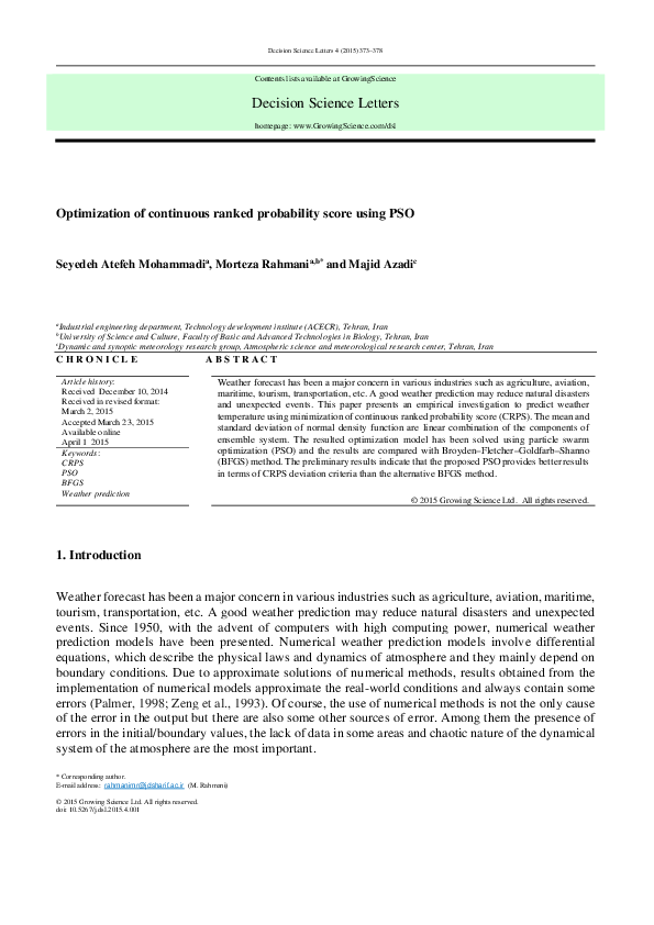 (PDF) Optimization of continuous ranked probability score using PSO