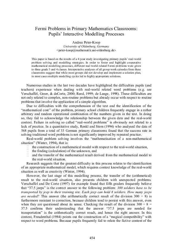 (PDF) Fermi problems in primary mathematics classrooms: Pupils ...