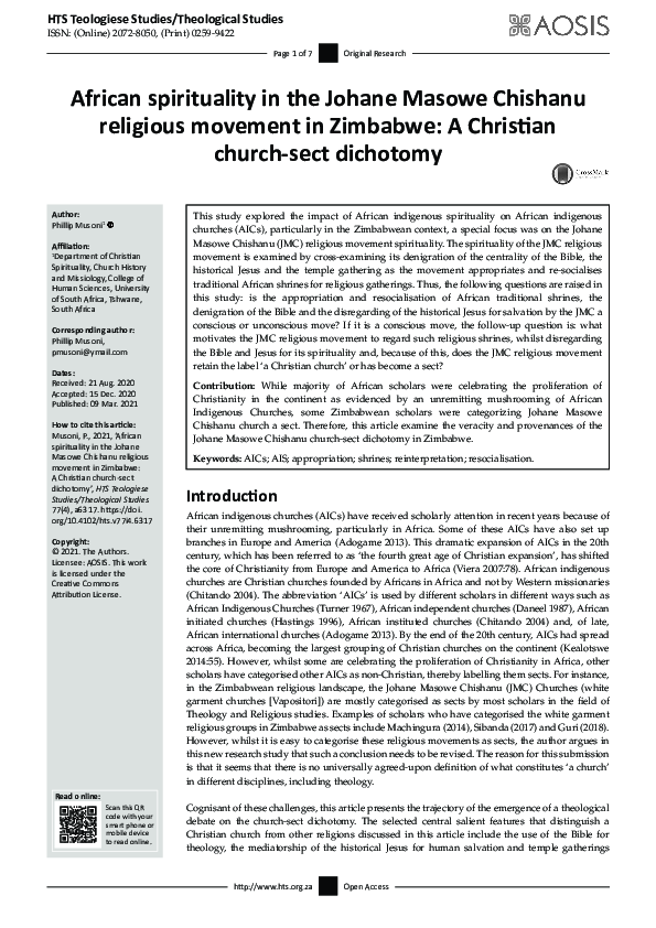 (PDF) African spirituality in the Johane Masowe Chishanu religious ...
