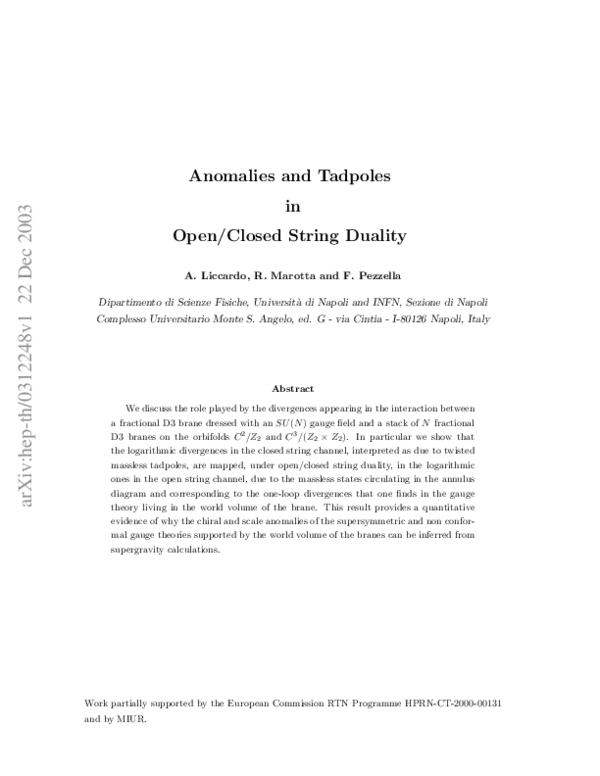(PDF) Anomalies and tadpoles in open/closed string duality