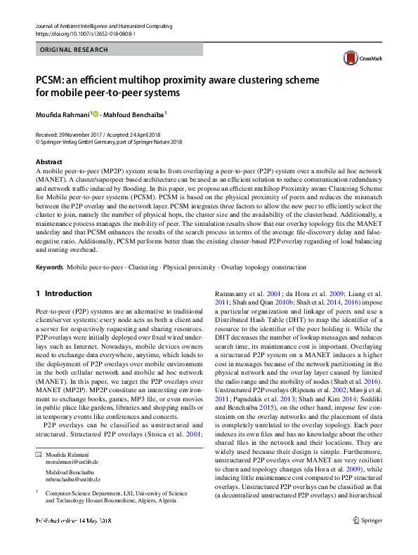 (PDF) PCSM: an efficient multihop proximity aware clustering scheme for mobile peer-to-peer systems