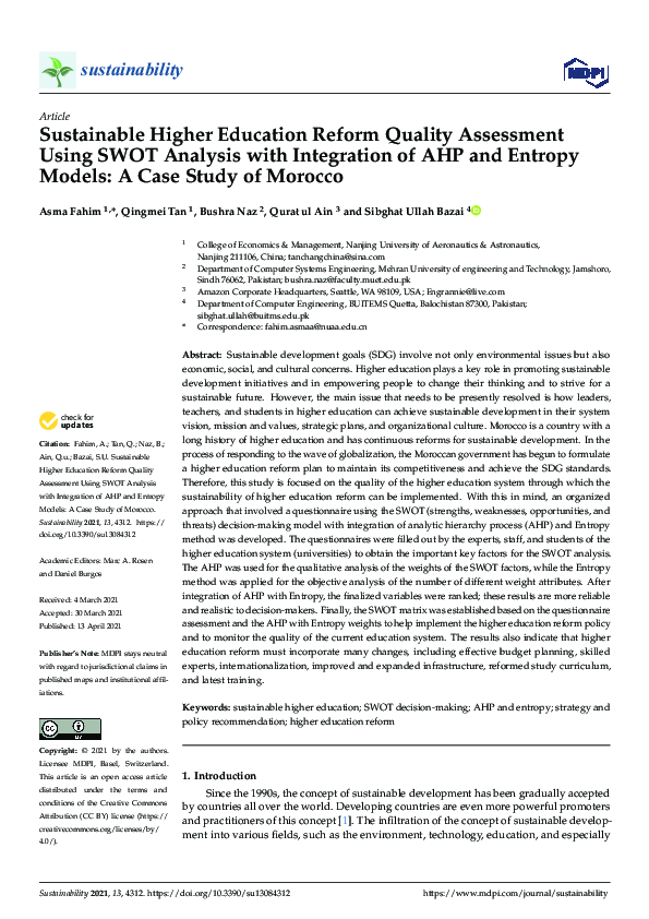 (PDF) Sustainable Higher Education Reform Quality Assessment Using SWOT Analysis with ...