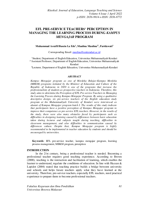 (PDF) EFL PRE-SERVICE TEACHERS' PERCEPTION IN MANAGING THE LEARNING ...