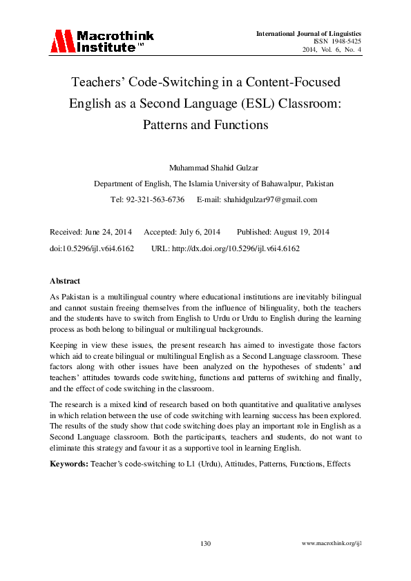 (PDF) Teachers’ Code-Switching in a Content-Focused English as a Second Language (ESL) Classroom ...