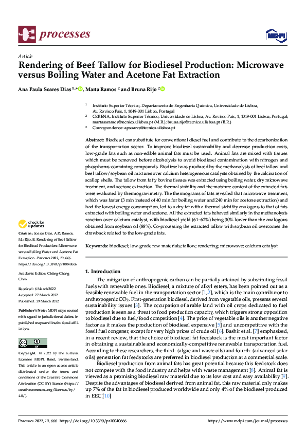 (PDF) Rendering of Beef Tallow for Biodiesel Production: Microwave ...