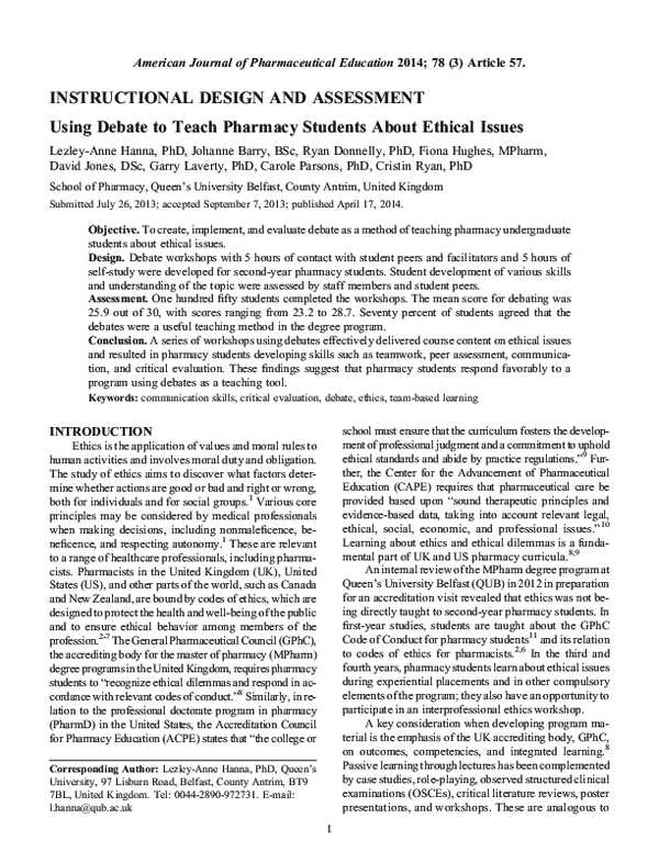 (PDF) Using Debate to Teach Pharmacy Students About Ethical Issues