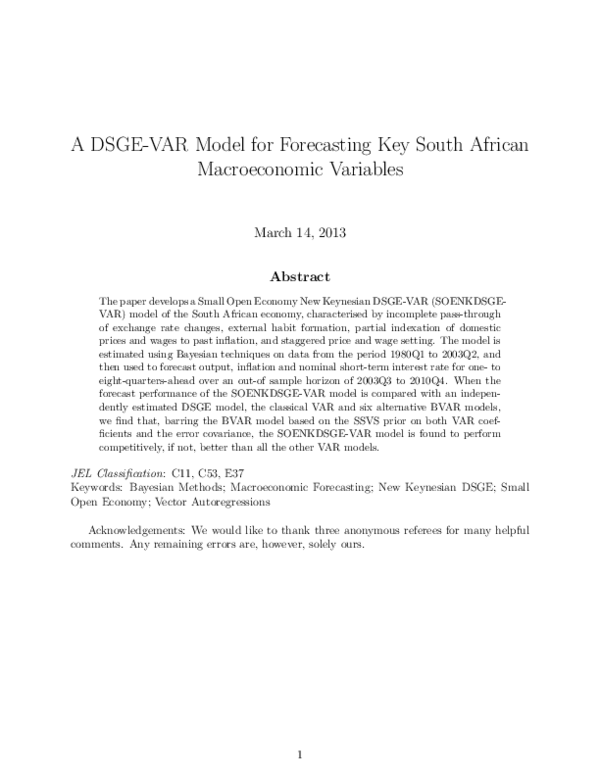 Pdf A Dsge Var Model For Forecasting Key South African Macroeconomic
