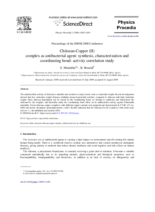 (PDF) Chitosan-Copper (II) complex as antibacterial agent: synthesis, characterization and ...