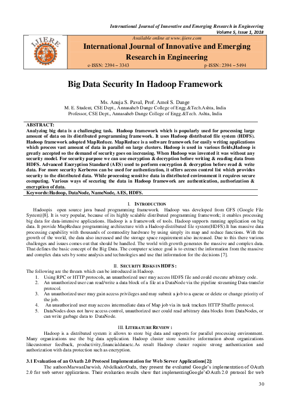 Pdf Big Data Security In Hadoop Framework