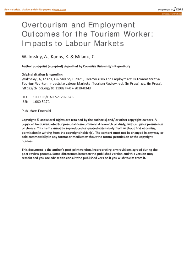(PDF) Overtourism and employment outcomes for the tourism worker ...