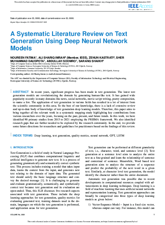 Pdf A Systematic Literature Review On Text Generation Using Deep