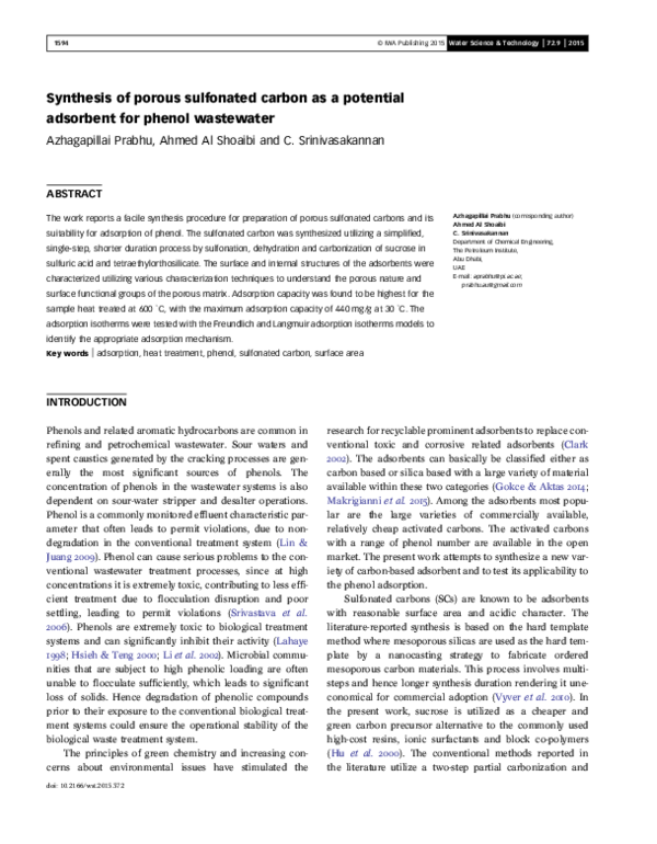(PDF) Synthesis of porous sulfonated carbon as a potential adsorbent ...