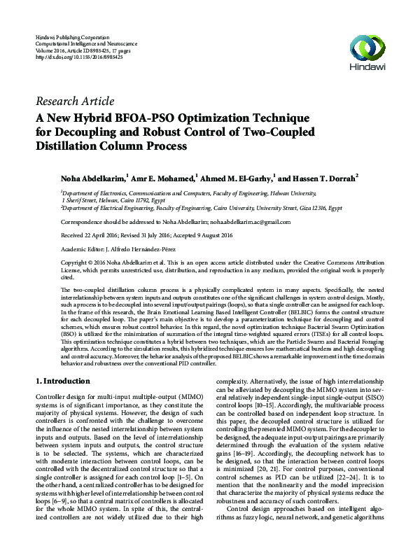 (PDF) A New Hybrid BFOA-PSO Optimization Technique for Decoupling and Robust Control of Two ...