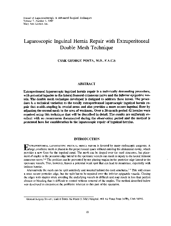 (PDF) Laparoscopic Inguinal Hernia Repair with Extraperitoneal Double Mesh Technique