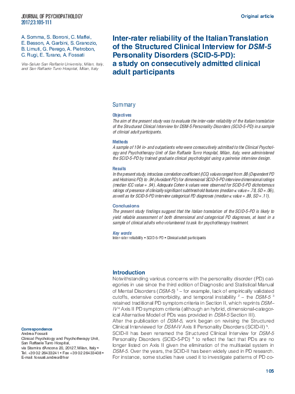 (PDF) Inter-rater reliability of the Italian Translation of the Structured Clinical Interview ...