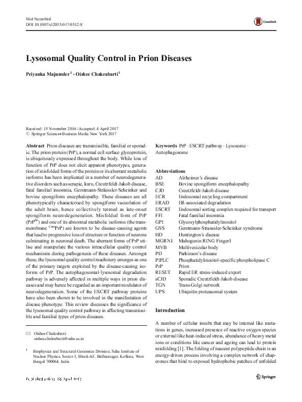 (PDF) Lysosomal Quality Control in Prion Diseases