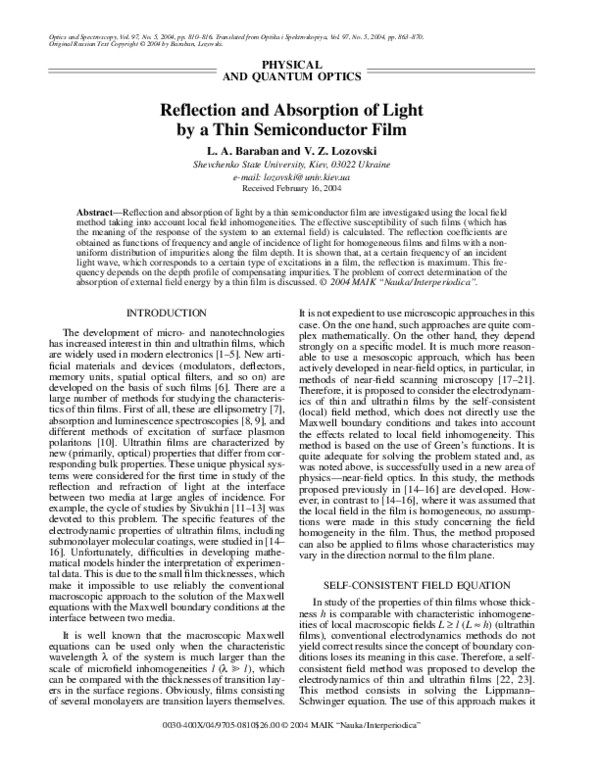 (PDF) Reflection and absorption of light by a thin semiconductor film