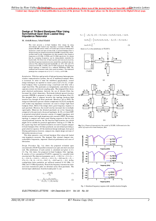 (PDF) Design of tri-band bandpass filter using symmetrical open stub loaded step impedance ...
