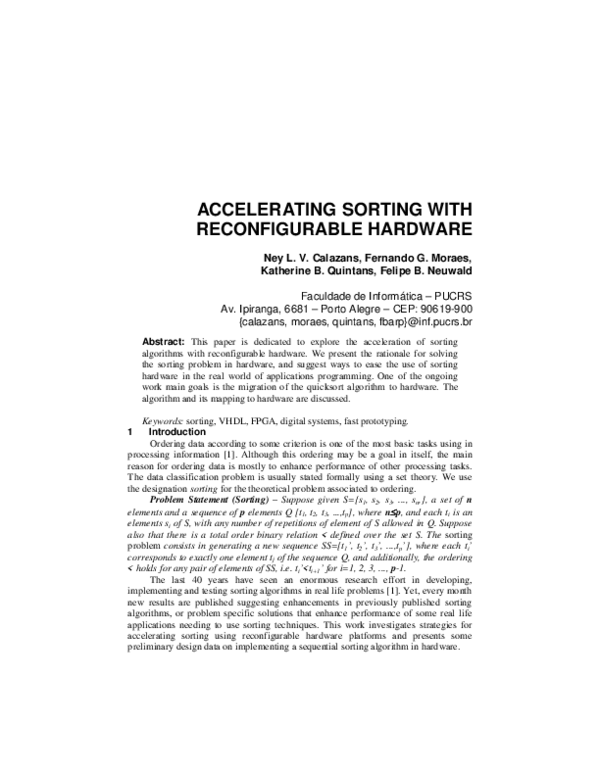 Pdf Accelerating Sorting With Reconfigurable Hardware