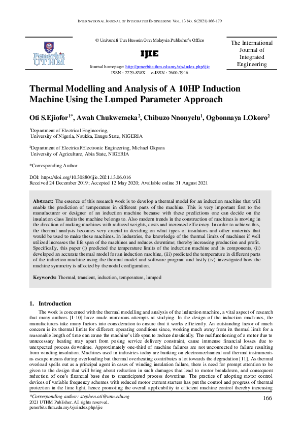 (PDF) Thermal Modelling and Analysis of A 10HP Induction Machine Using the Lumped Parameter Approach