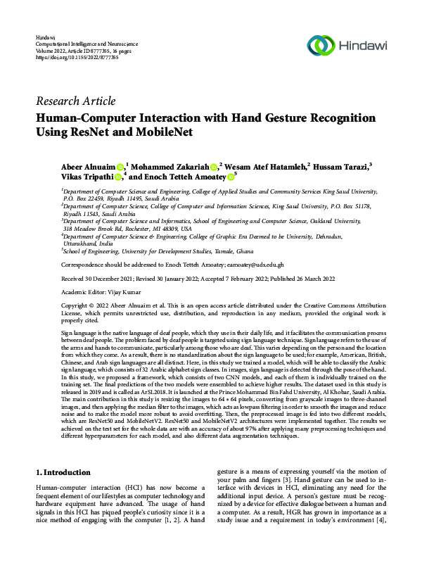 Pdf Human Computer Interaction With Hand Gesture Recognition Using Resnet And Mobilenet