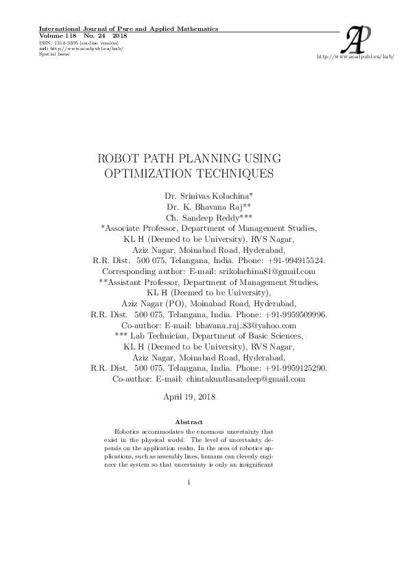 (PDF) Robot Path Planning Using Optimization Techniques | Dr. Bhavana Raj K - Academia.edu