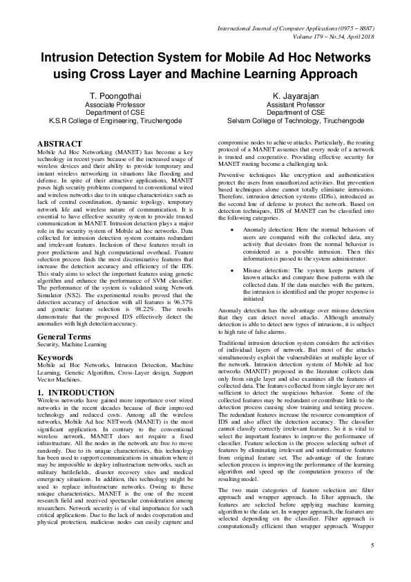 (PDF) Intrusion Detection System for Mobile Ad Hoc Networks using Cross Layer and Machine ...